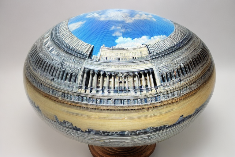Image of a crystal globe with snow and Roman Coliseum and columns inside