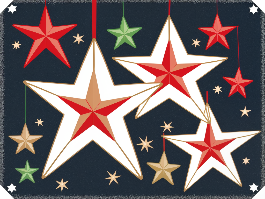 Colorful Hanging Stars in Red, Green, and Gold Against a Dark Background