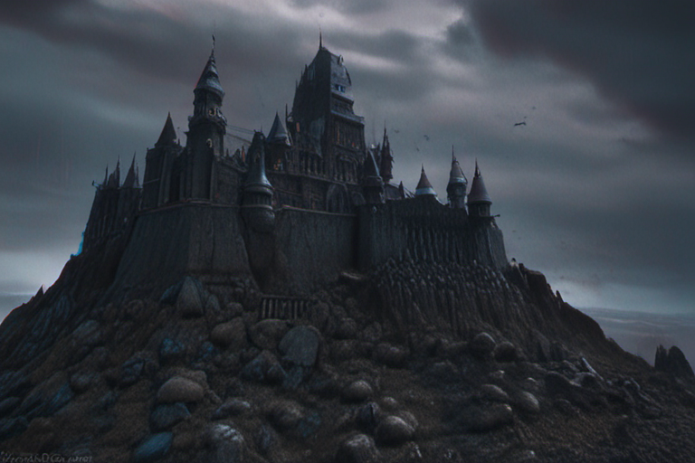 An ultra wide shot of a gothic castle on a high grey mountain, barren ...