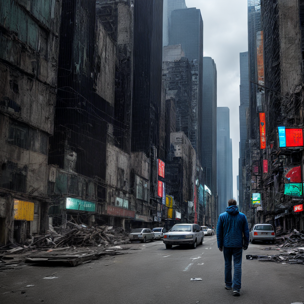 An exhausted, worn out man alone, facing the camera in a dilapitated ...