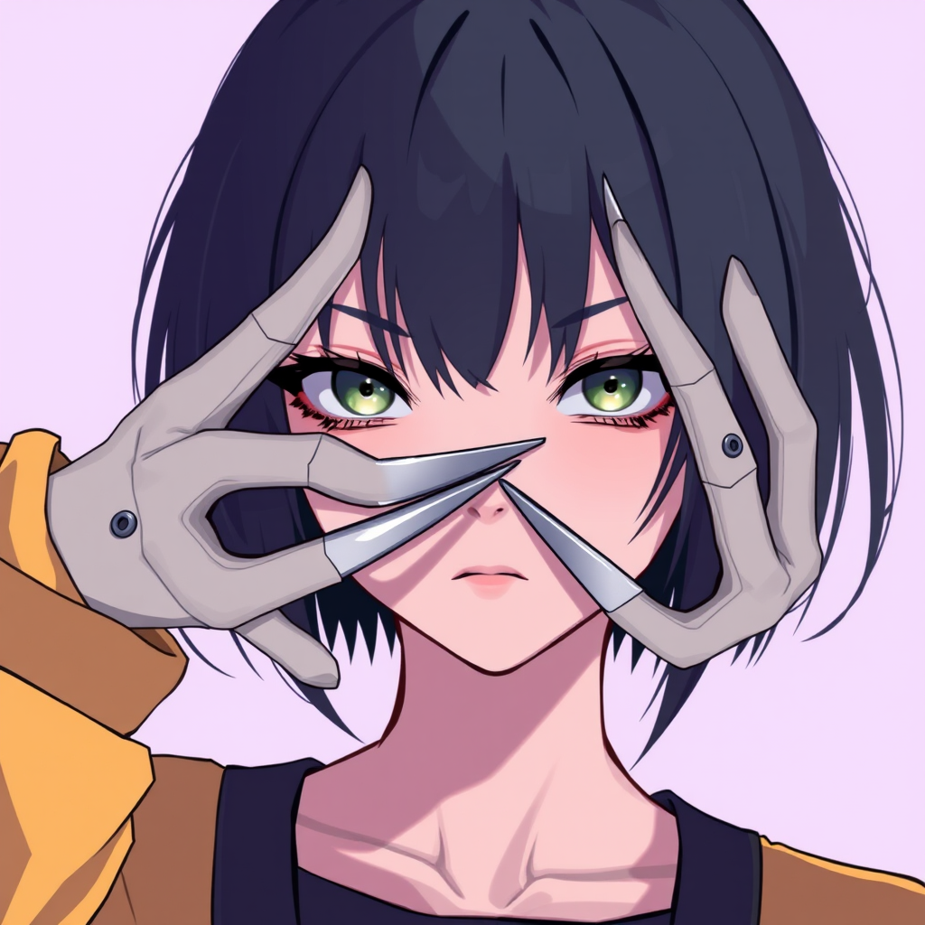 Striking Anime Character with Unique Scissor Hands and Intense Green Eyes