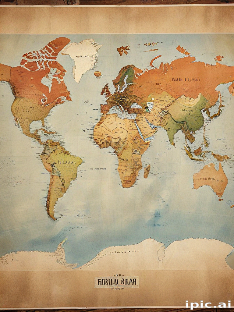 Vintage World Map Illustrating Geographical Boundaries and Historical ...