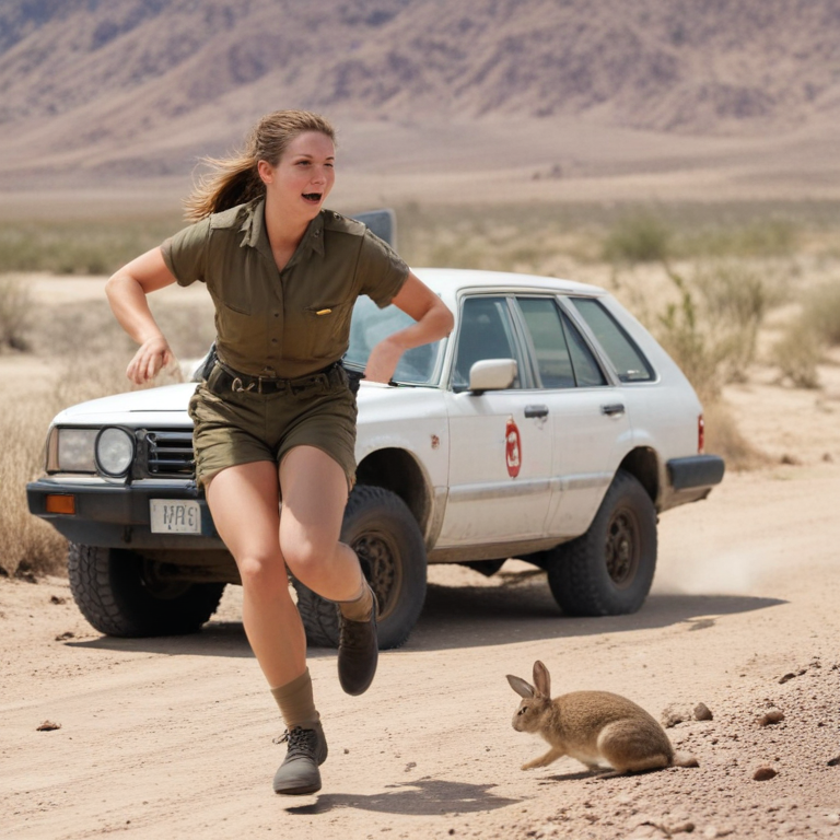 women in military uniform run over rabbit in car in middle of desert