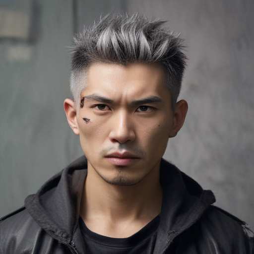 Brooding Chinese Japanese man in post apocalyptic attire silver hair ...