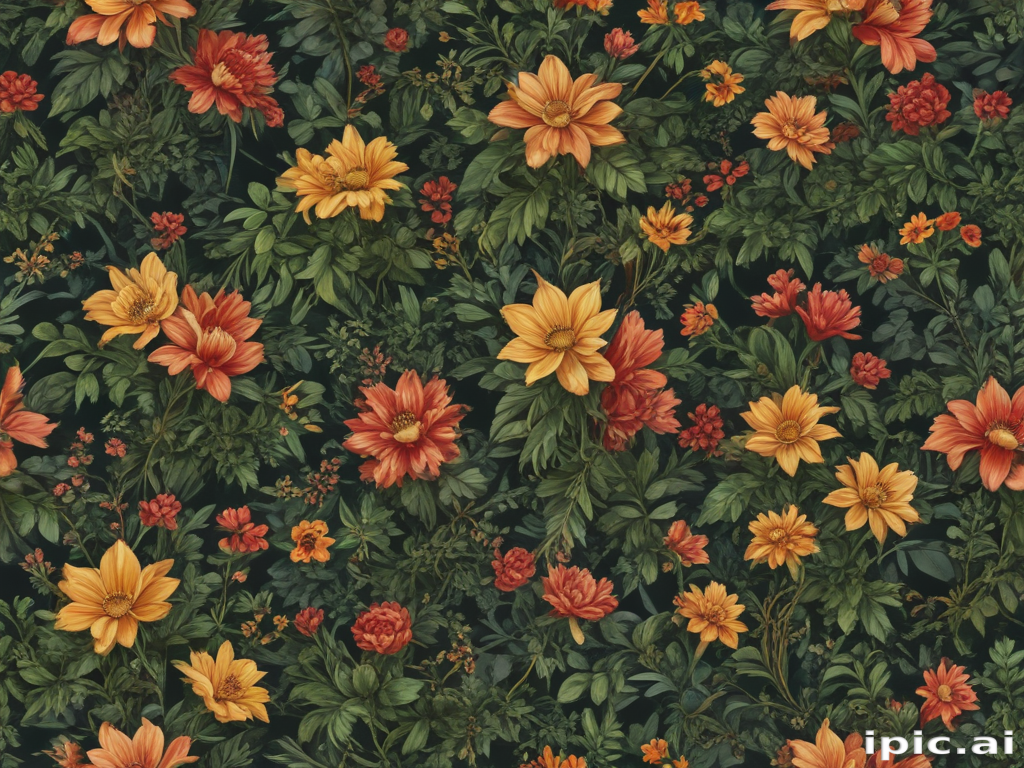 Vibrant Floral Pattern Featuring Rich Autumn Colors and Lush Greenery