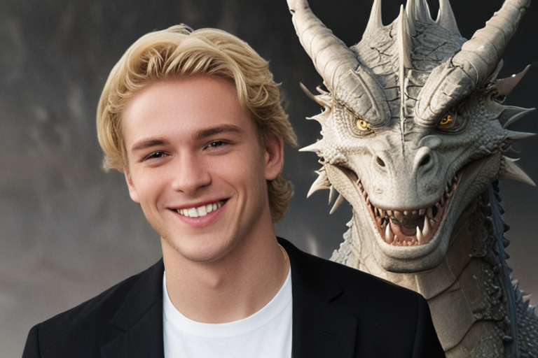 Blond Guy Smiling with a dragon behind him