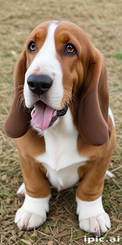 A Happy Basset Hound Puppy Sitting on Grass with Bright Eyes.