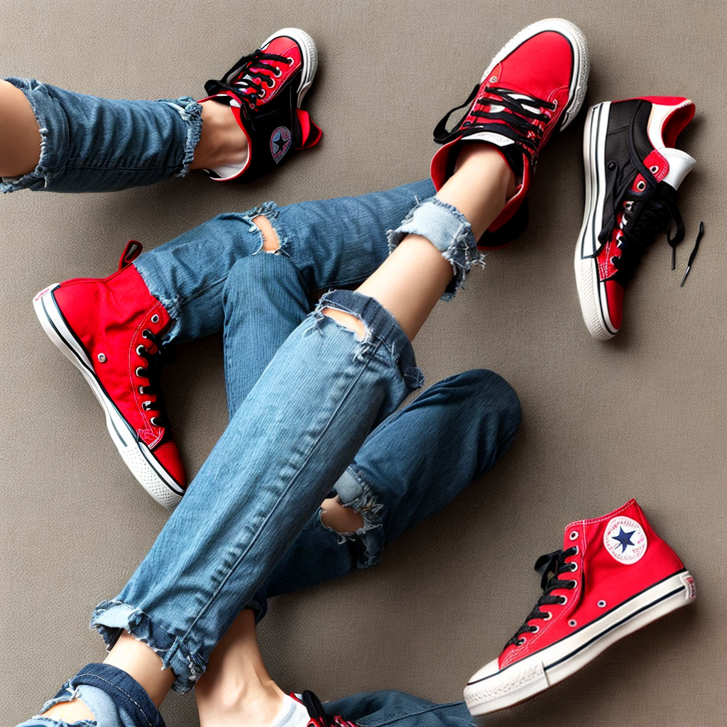 female dancing on red flowers width black and white converse shoes