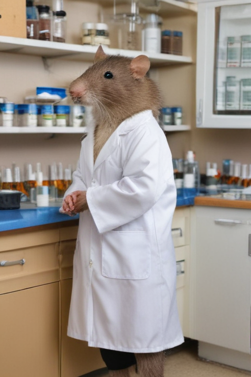 rat in a lab coat in front of a lab bench with biology samples