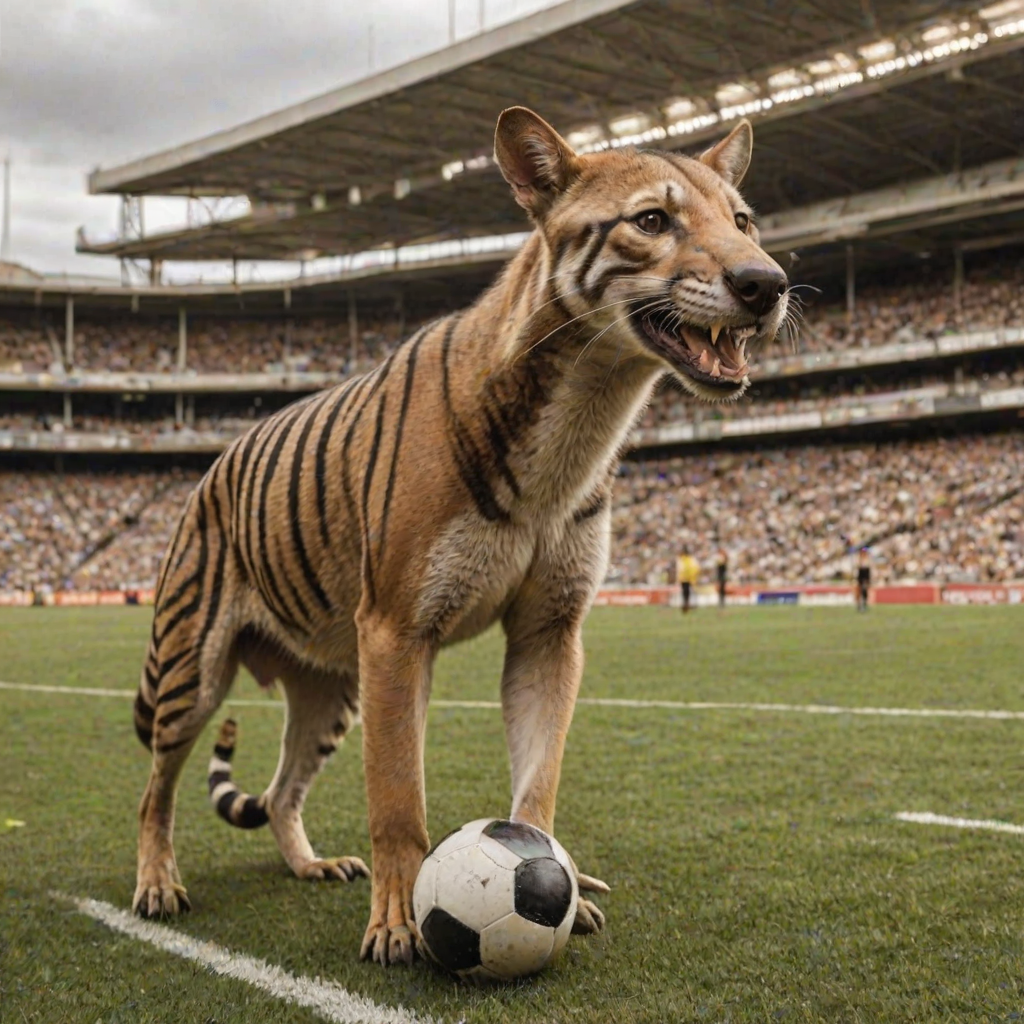 A Tiger Playing Soccer on a Field Filled with Excited Fans