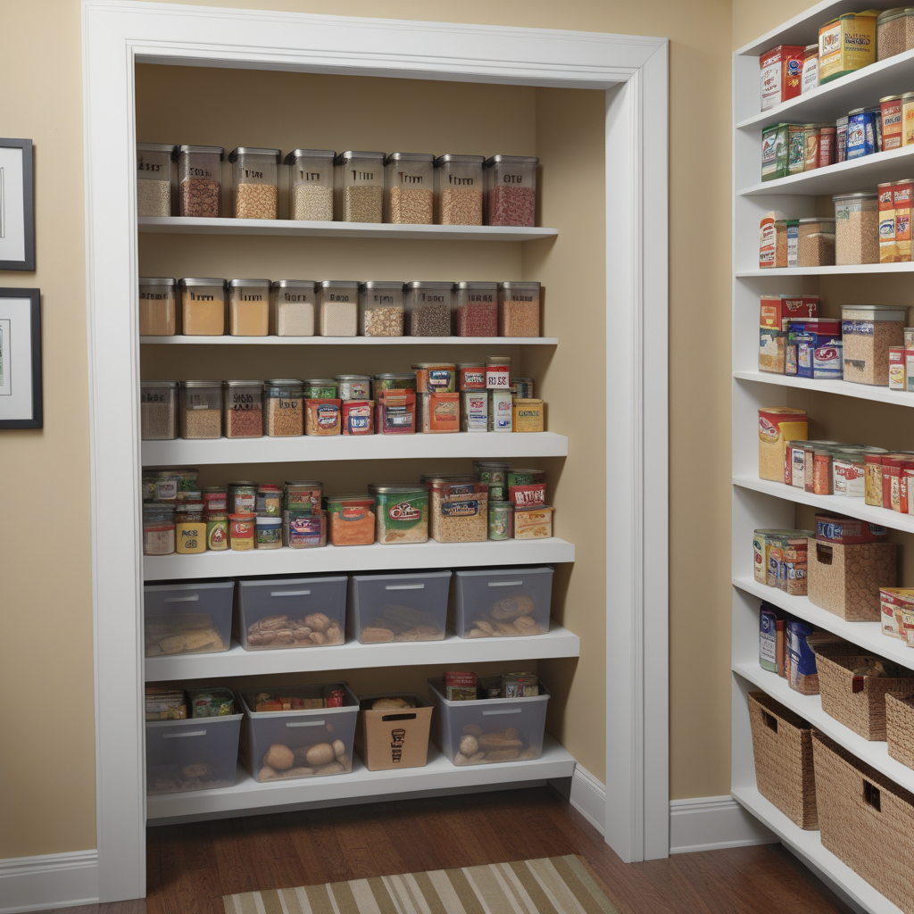 Neatly Organized Pantry with Clear Containers and Shelves for Food Storage