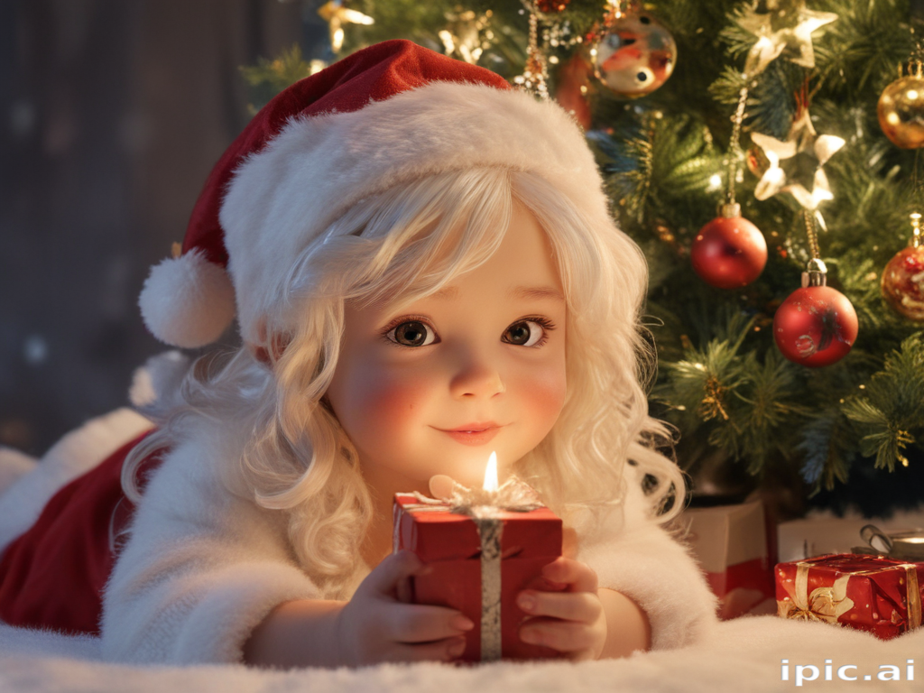 A Joyful Christmas Scene with a Child Holding a Gift by the Tree