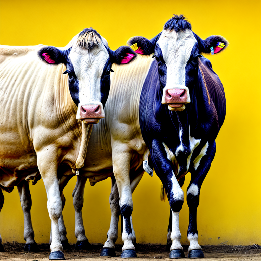 A yellow cow next to an old man crying