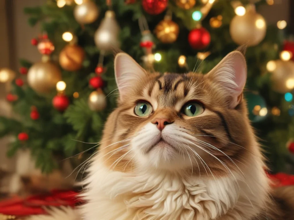 A Festive Cat Posing Elegantly in Front of a Christmas Tree.