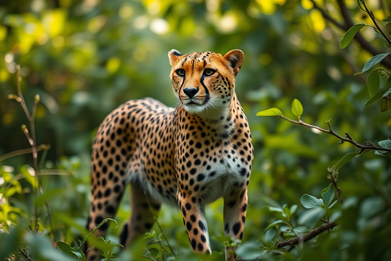 Create a highly detailed image of a standing cheetah in a lush green ...