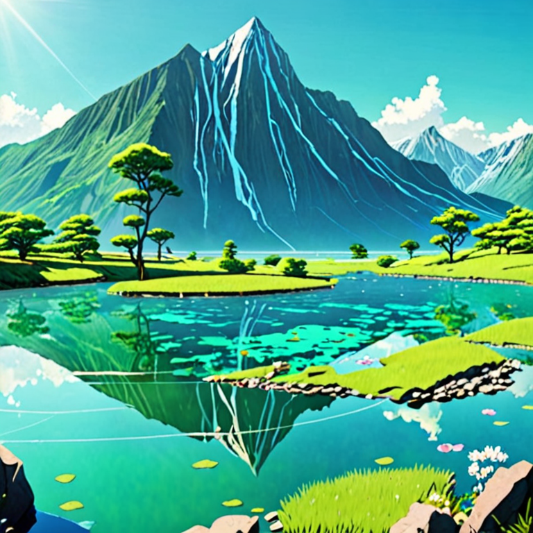Solar Punk anime fantasy landscape with green, water, and mountains