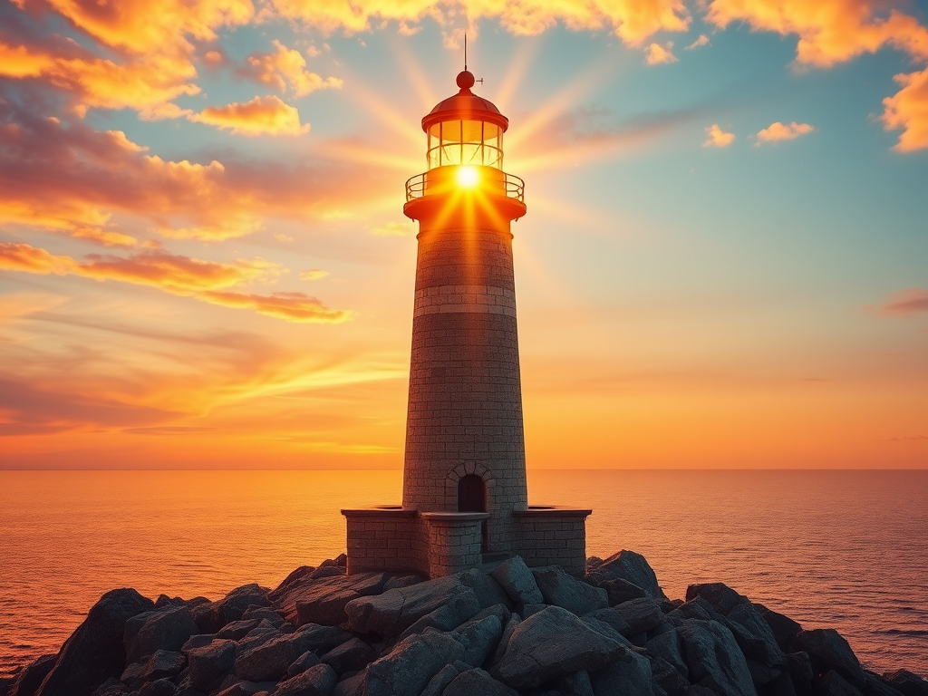 Majestic Lighthouse Standing Tall Against a Vibrant Sunset Over the Ocean