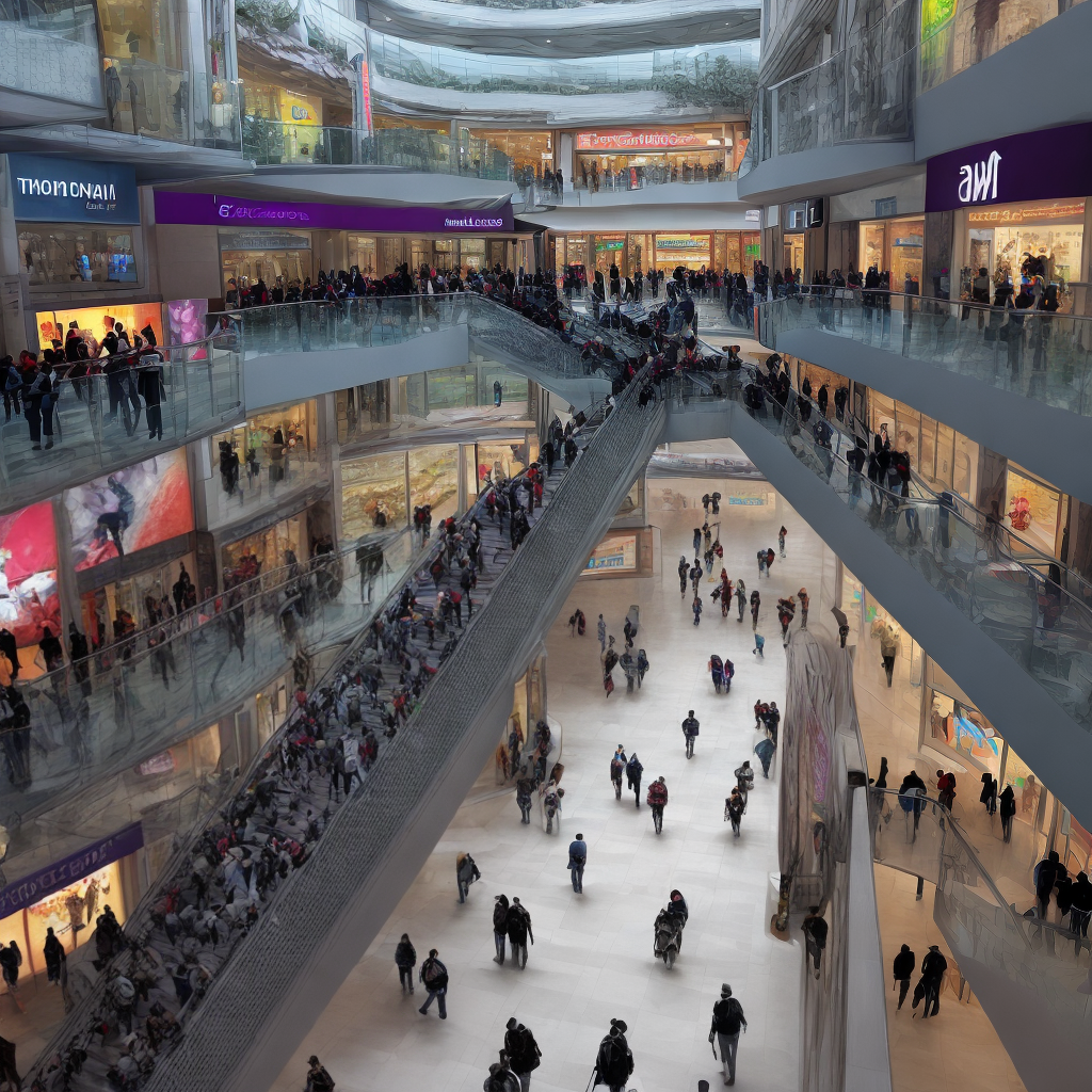 A photorealistic image of a shopping mall. On the ground floor zombies ...