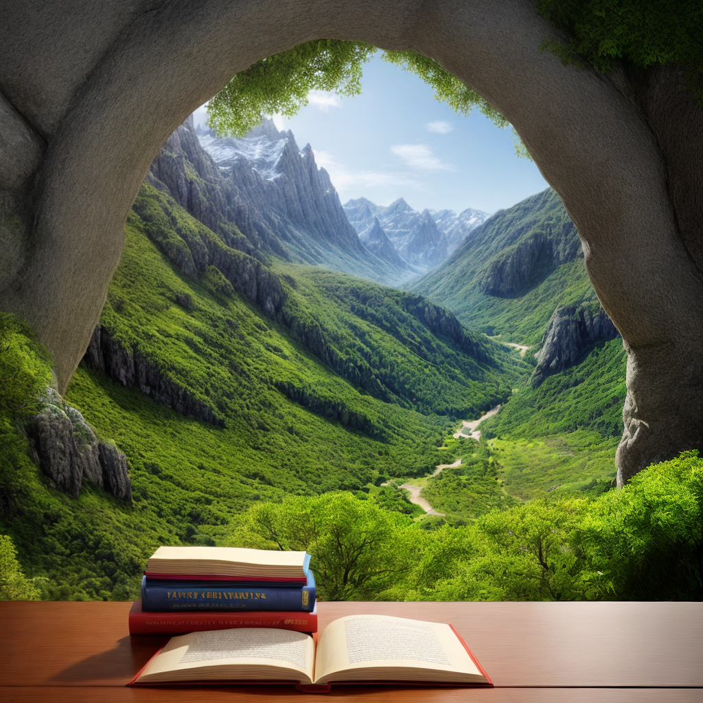 ((Close up of book on table)), fantasy landscape in backgorund, far ...