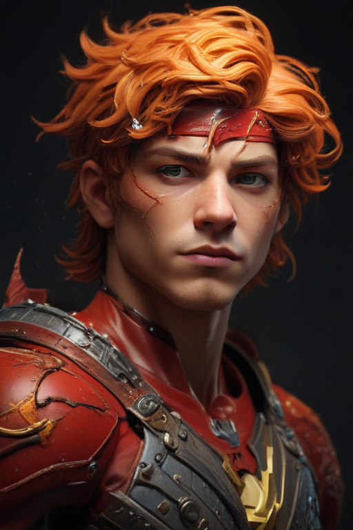 Heroic Warrior with Fiery Hair and Intricate Armor, Ready for Battle