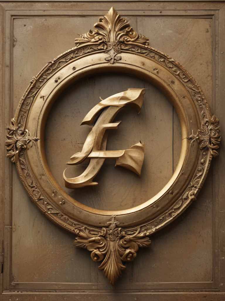 Elegant Golden Letter F Framed in Decorative Baroque Style Design