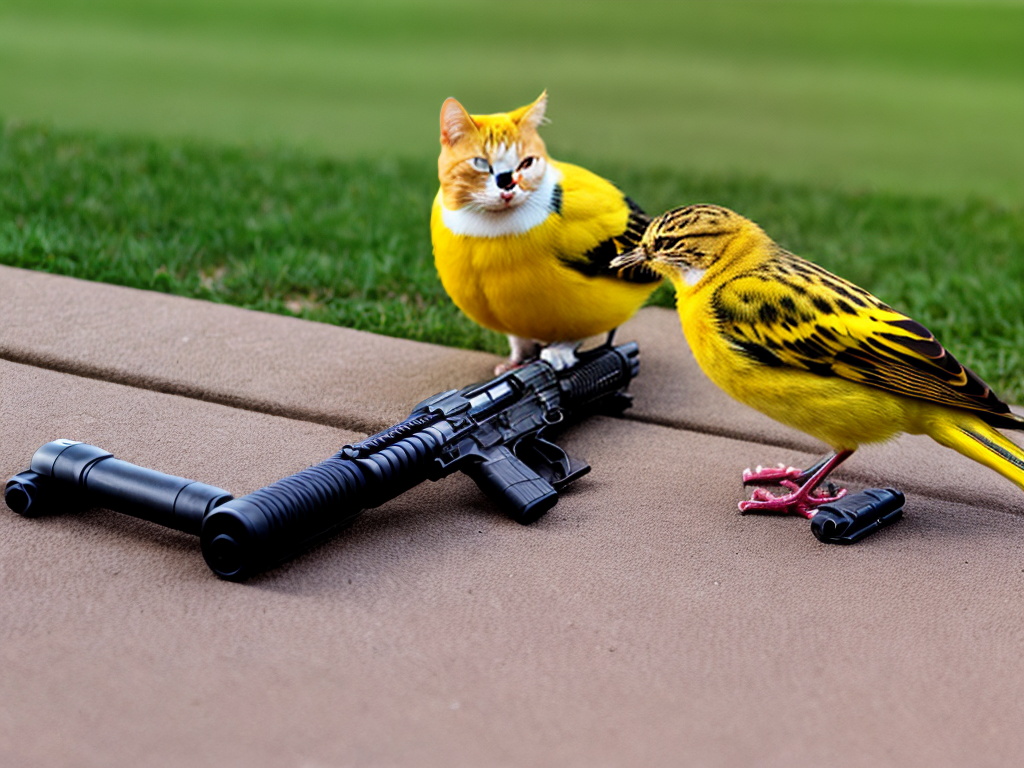 Cat pointing gun at a yellow bird