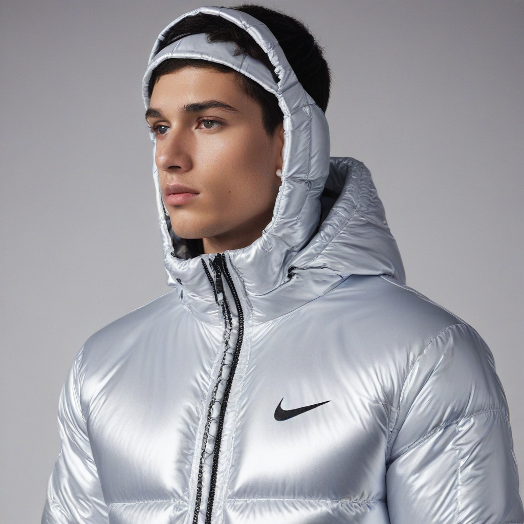 Male supermodel nike shiny puffer jacket bling jewellery hood