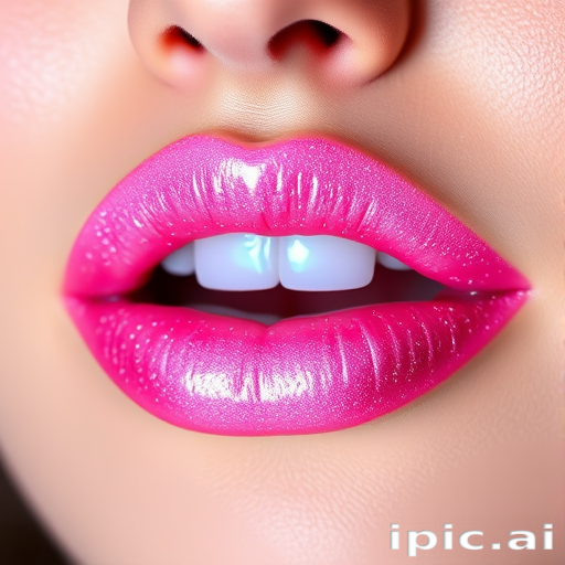 Close-Up of Glossy Pink Lips with a Shimmering Finish and Bright Smile