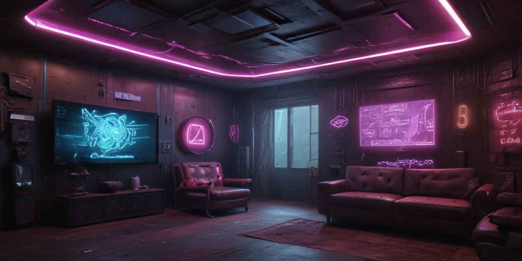 Cyberpunk room with neon lights on the ceiling