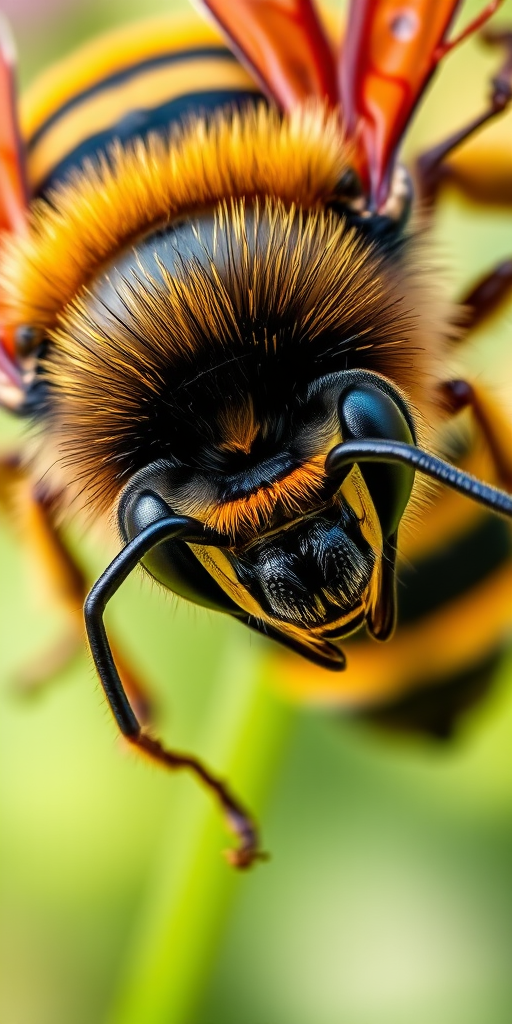 Create a detailed illustration of a bee with vibrant colors, focusing ...