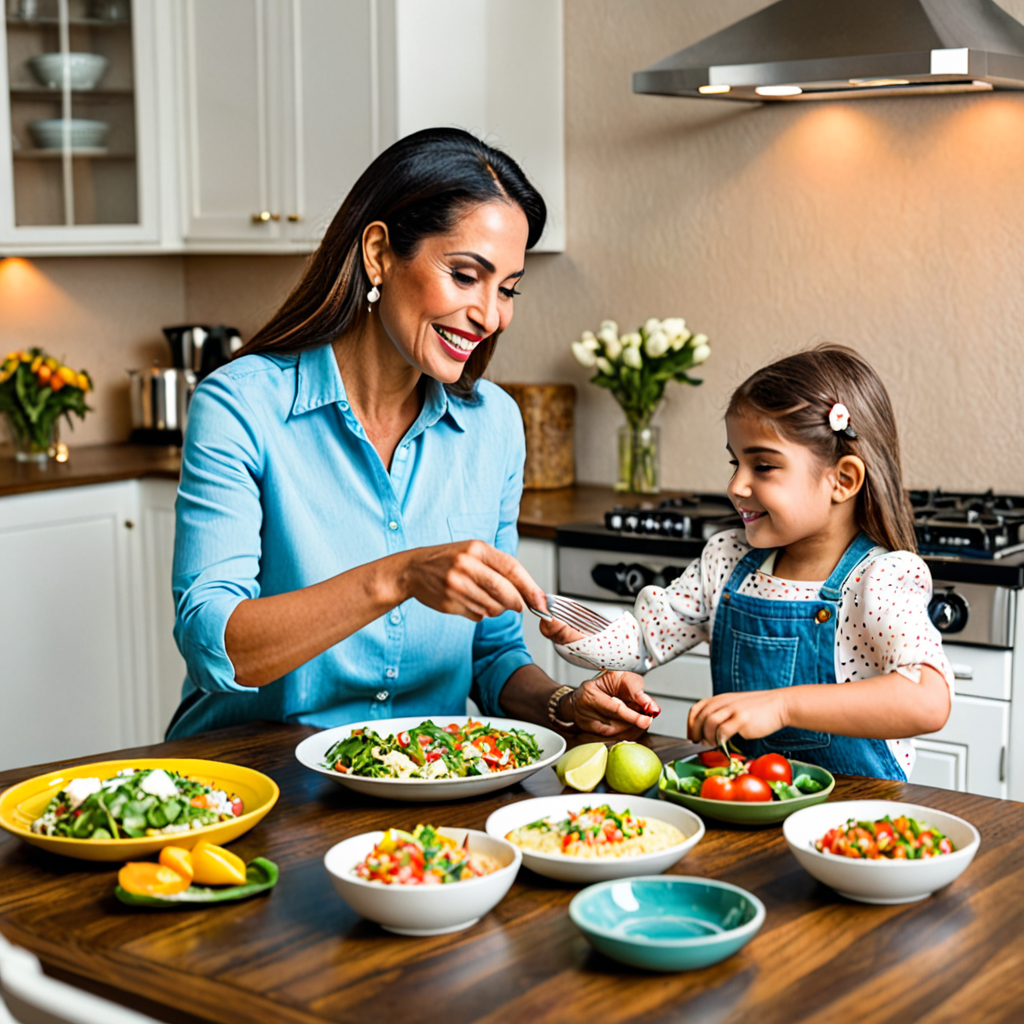 latin woman serving dinner to daughter on table