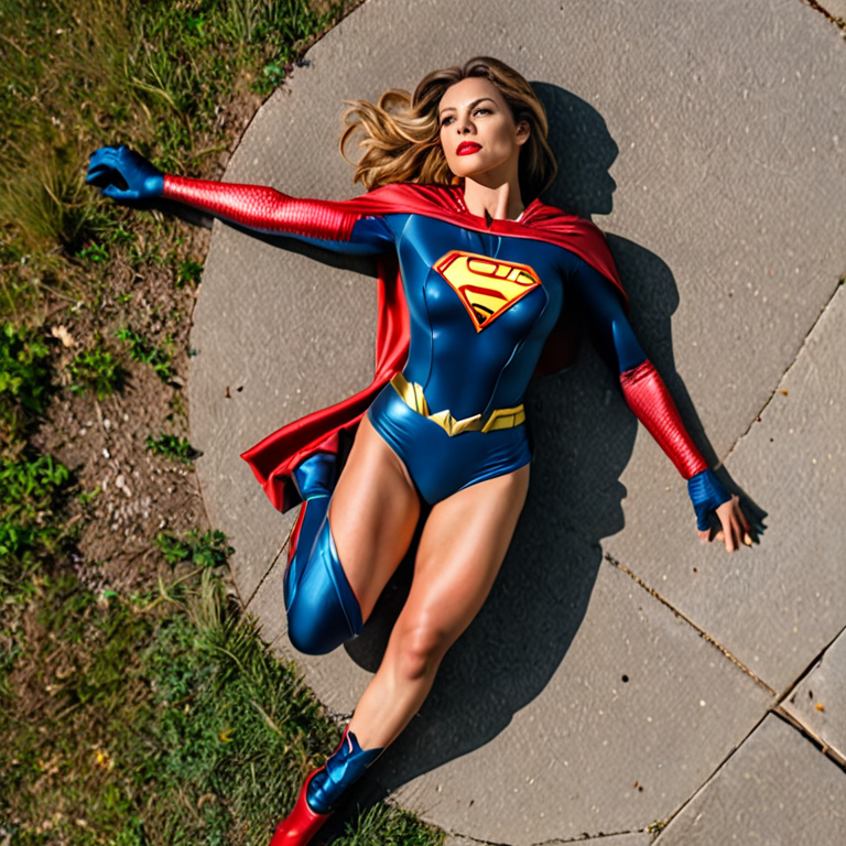 Unconscious superheroine with abs in laying on the ground. Full body ...