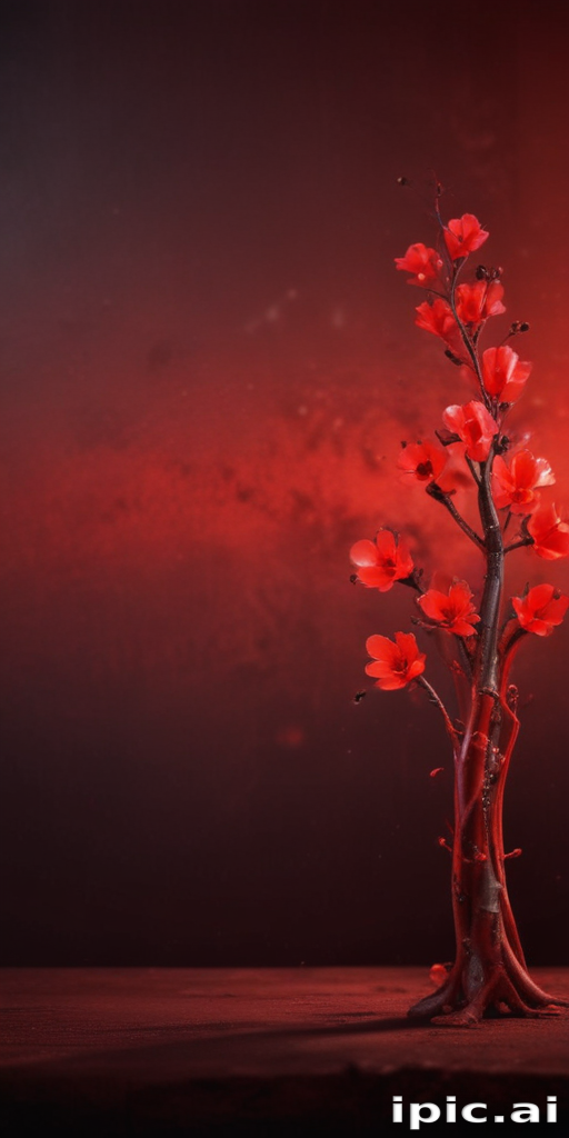 Elegant Red Blossom Tree Against a Dark Background with Ethereal Glow