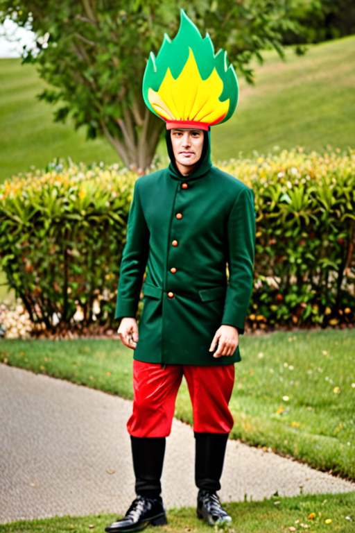 A guy with a dark GREEN costume and a fire head