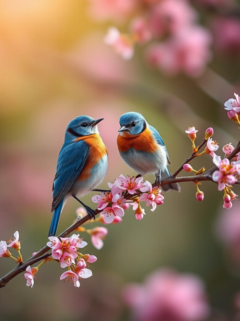 Capture a vibrant scene of two bluebirds perched on a flowering branch ...
