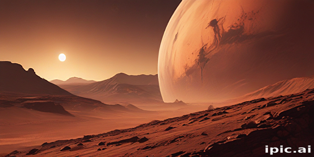 Vast Alien Landscape with a Giant Planet and Distant Sun Setting