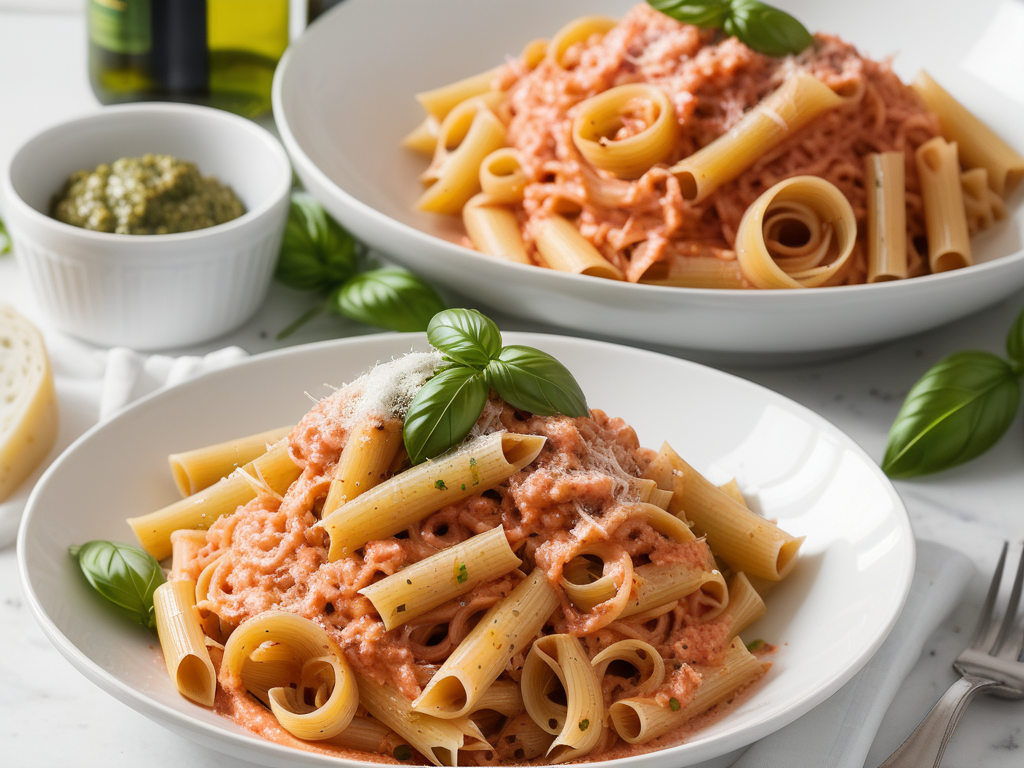 Deliciously Creamy Pasta Dish with Fresh Basil and Pesto Garnish on Plates