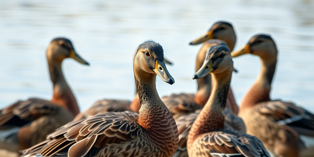 A Group of Ducks Gathering by the Water's Edge in Sunshine.