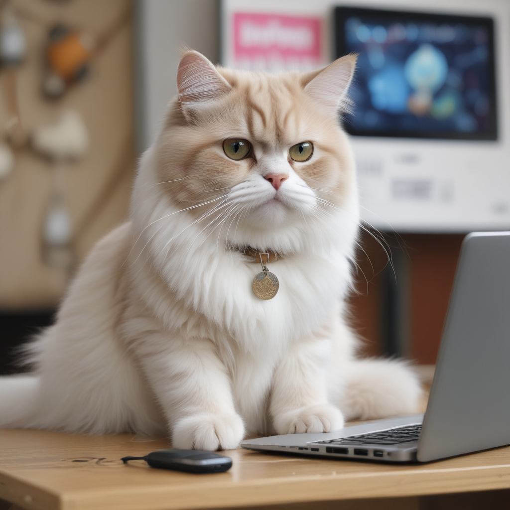 white fluffy kitty cat sitting on a computer with a bitcoin chain ...