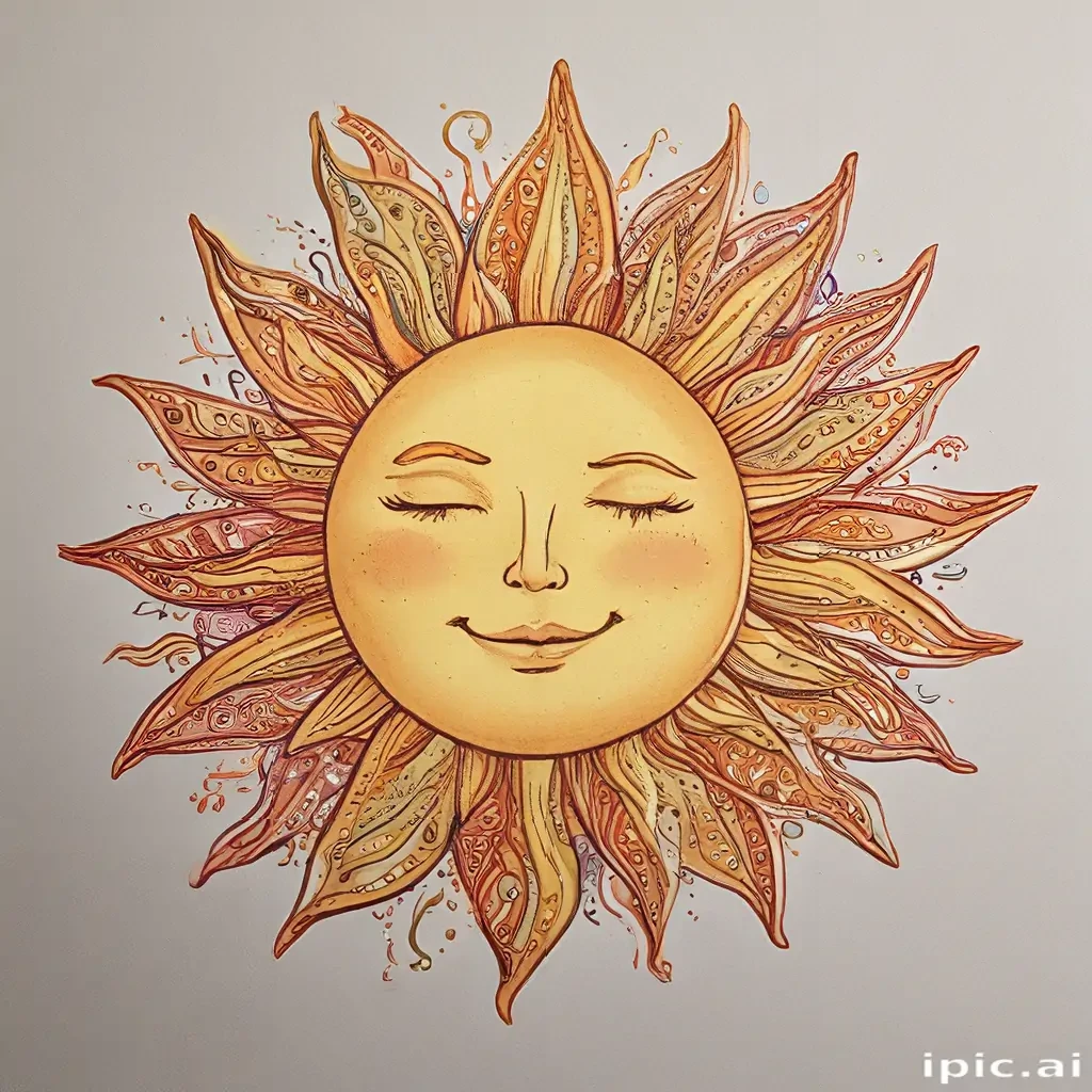 Radiant Smiling Sun Surrounded by Intricate Swirls of Colorful Patterns
