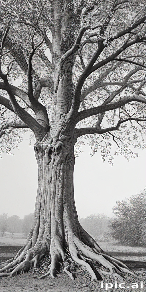 Majestic Tree with Intricate Branches and Strong Roots in Serene Landscape