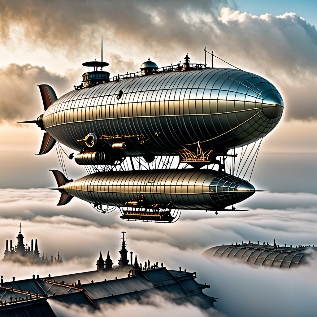 Steampunk airship on a sea of fog and mist, no ground visible, zeppelin ...