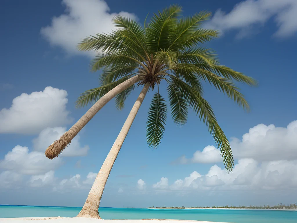 A Serene Tropical Beach Scene Featuring a Leaning Coconut Palm Tree.