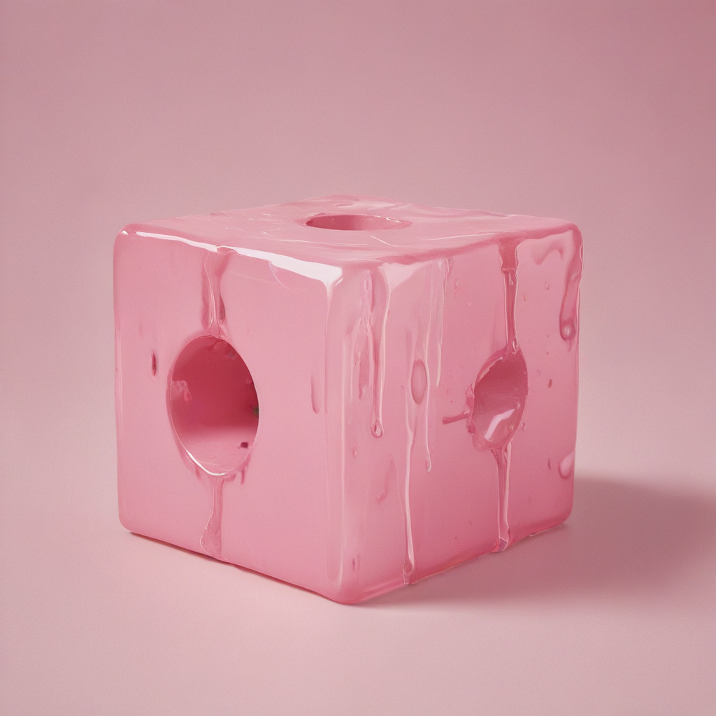 a realistic rubike's cube is melting, light pink background