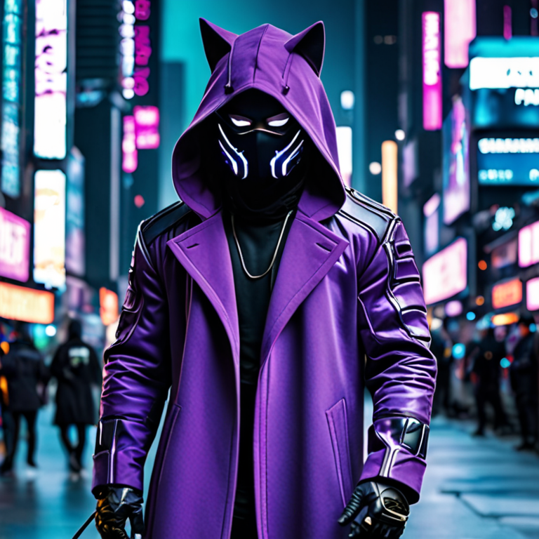 masked man with long purple overcoat with hood with cat ears in the ...