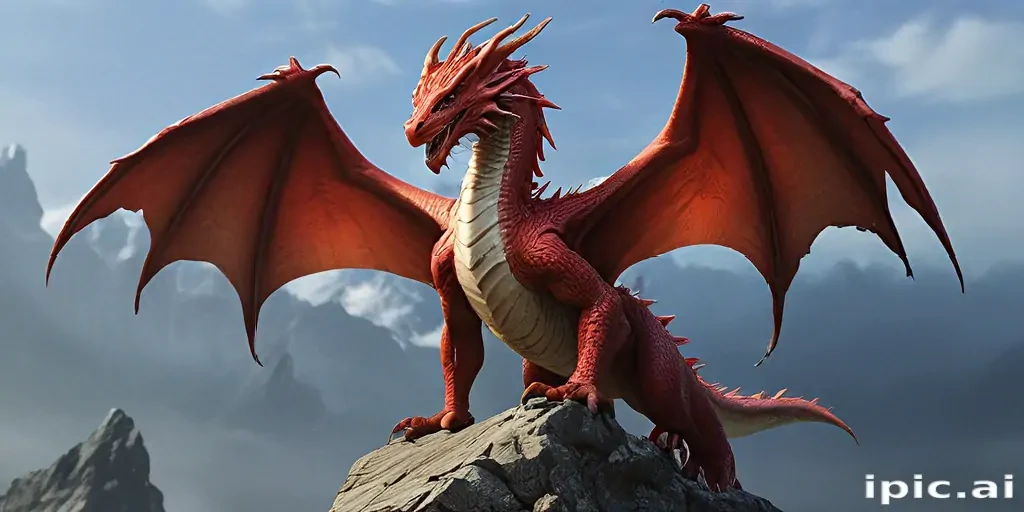 Majestic Red Dragon Perched on Rock Against a Dramatic Mountain Landscape