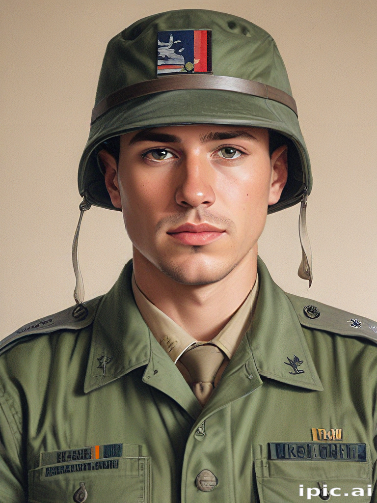 Portrait of a Young Soldier in Military Uniform with Hat and Medals