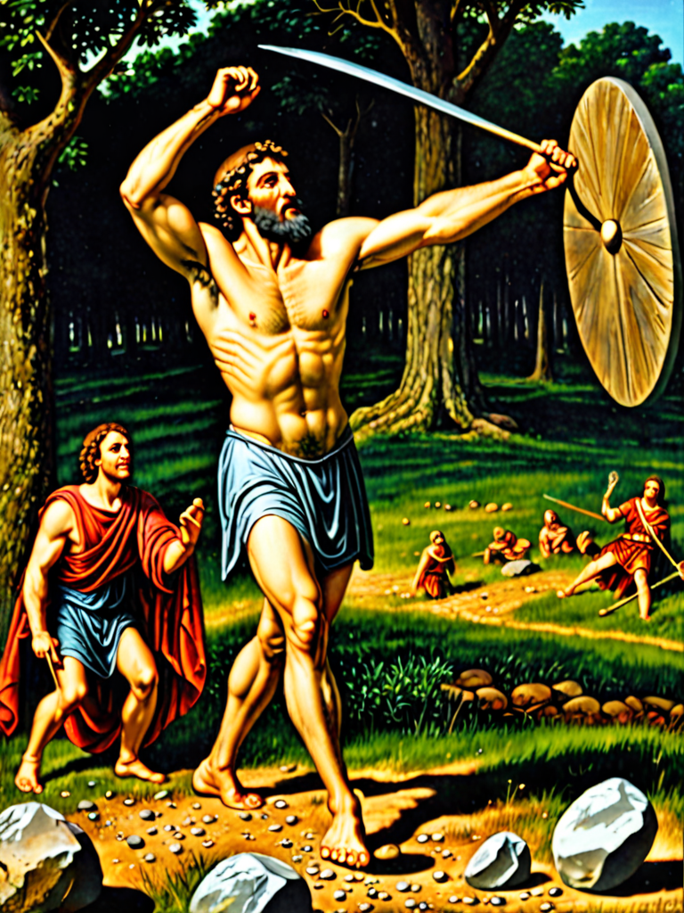 David throwing stone at Goliath
