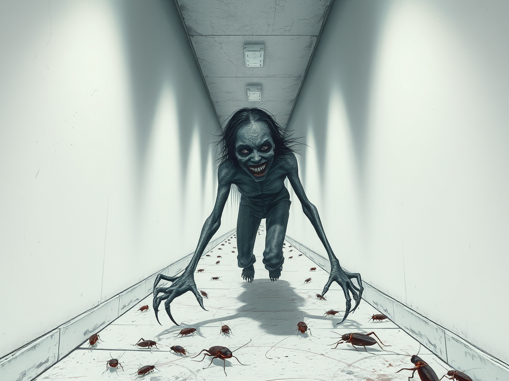 Haunting Figure Crawls Through a Dark Hallway Infested with Cockroaches