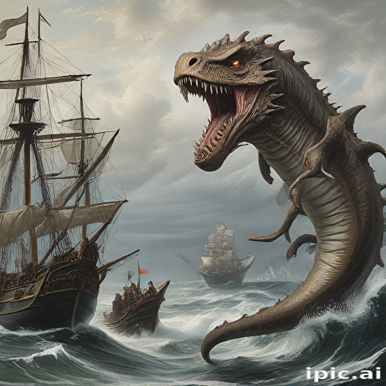 Epic Sea Battle: A Majestic Ship Confronts a Fearsome Sea Monster